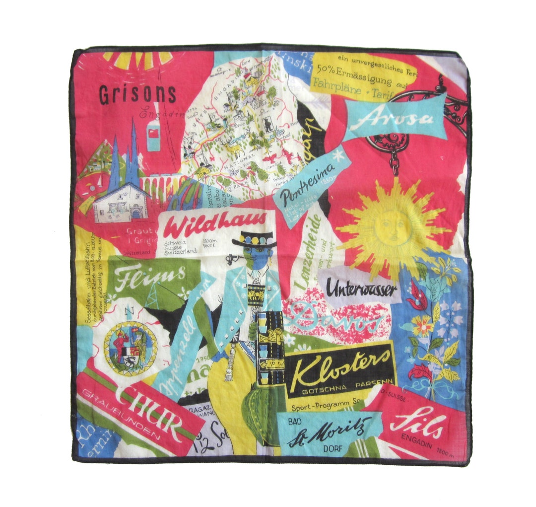 Vintage Illustrated Souvenir Handkerchief, Collage of Sights and ...