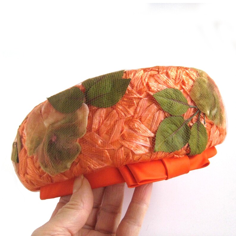 1950s Floral Netted Hat in Bright Orange and Green Raffia Hat - Etsy