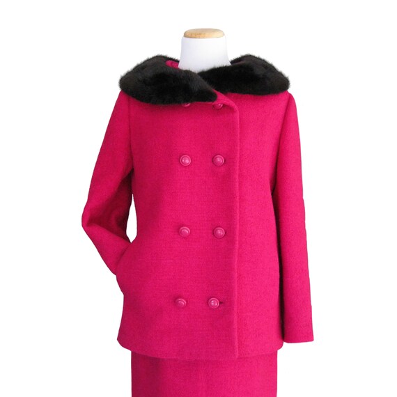 1960s Wool Suit in Raspberry Pink with Mink Collar, S… - Gem