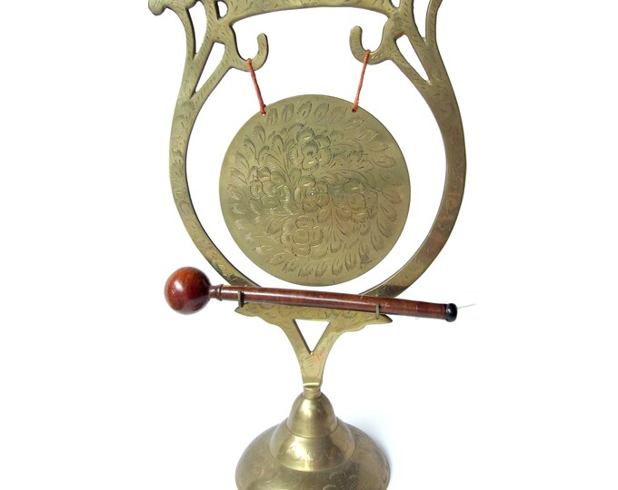 Vintage Etched Brass Gong With Mallet, Tabletop Gong, Indian Brass ...