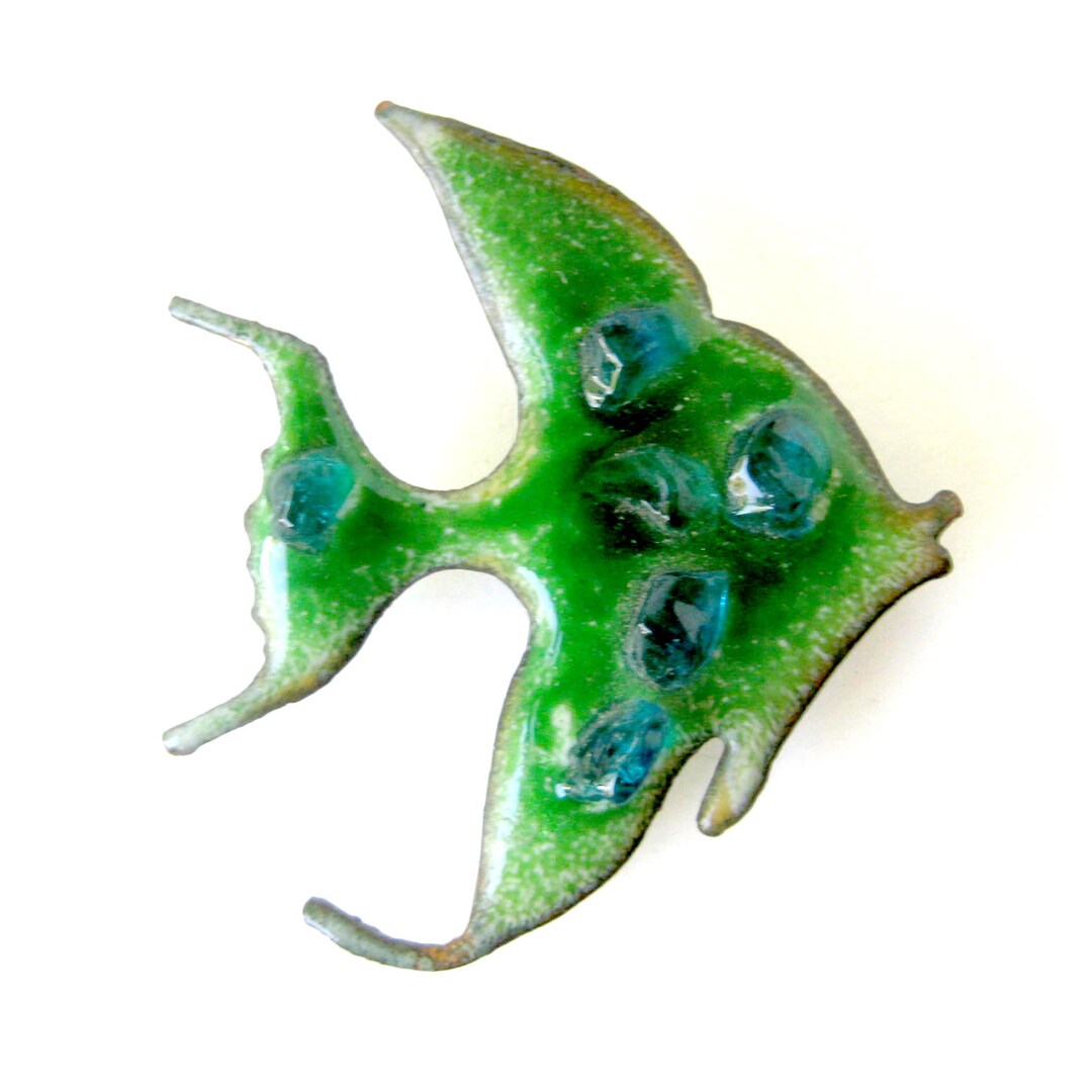 Copper Enamel Fish Pin or Brooch / Angel Fish Jewelry / Green and Blue ...