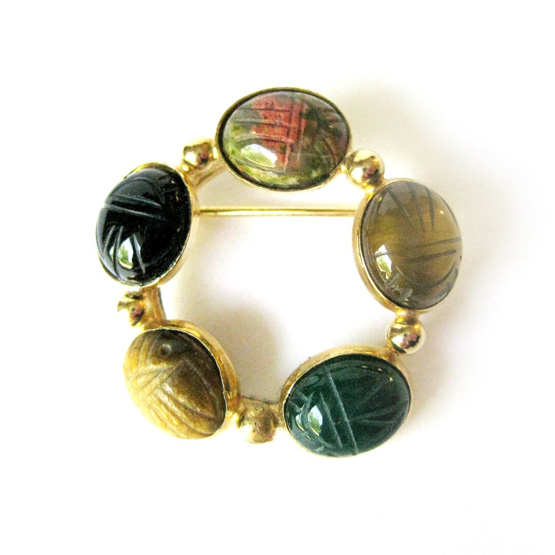 Vintage Scarab Gemstone Brooch, Circular Scarab Pin, Egyptian Revival ...