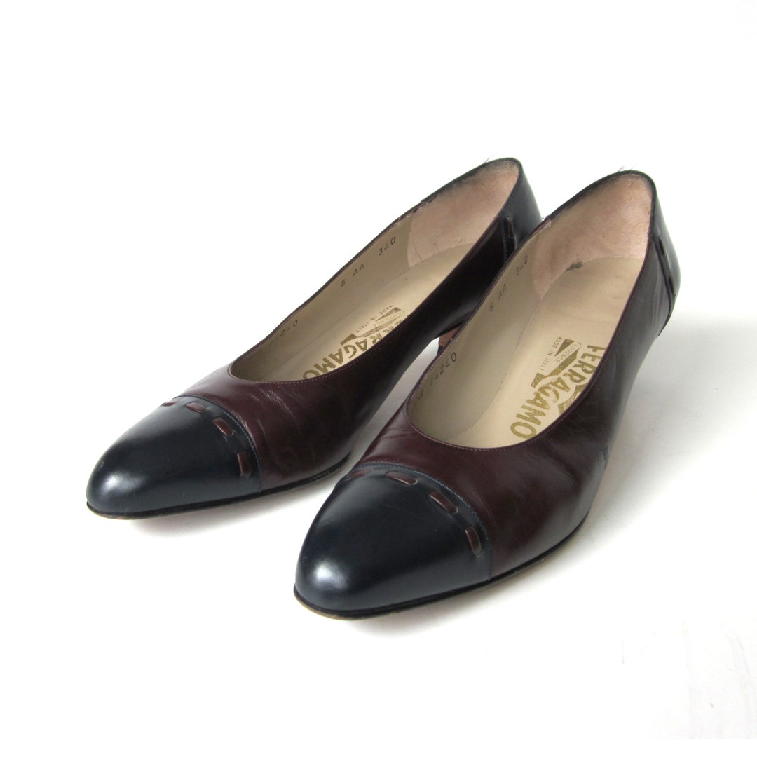 Salvatore Ferragamo Two-tone Leather Pumps: Oxblood & Navy Wing Tips ...