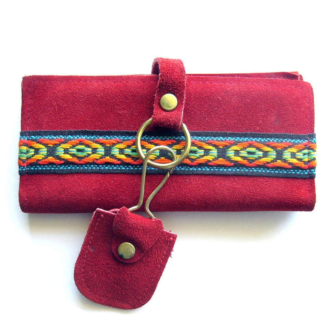 Boho Suede Vintage Wallet Billfold Organizer, Red Suede Wallet With Key ...