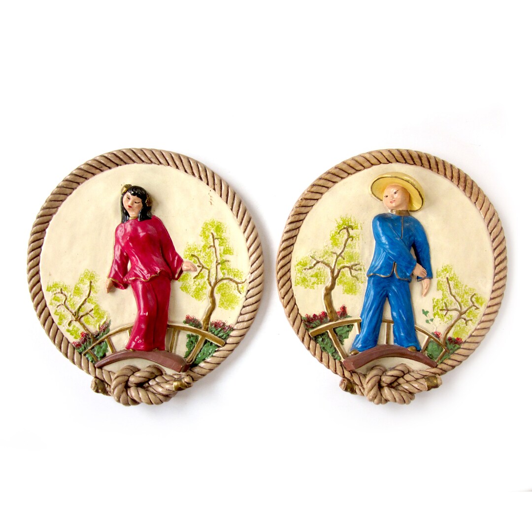 PAIR of Mid Century ASIAN Wall Plaques, Plaster Wall Hangings, Japanese ...