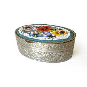 Italian Micro Mosaic Lidded Pill Box With Decorative Silver-tone Design ...