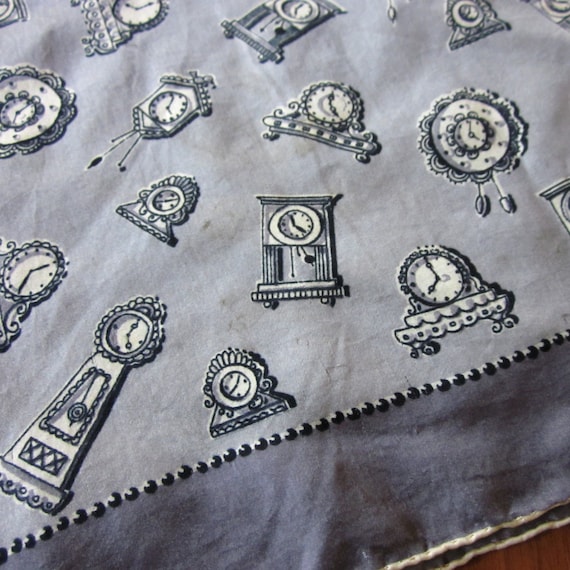 Mid Century Silk Scarf, Clock Theme Illustrated Scarf… - Gem