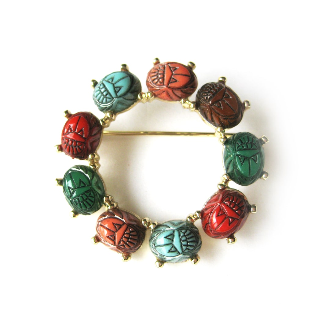 Vintage Scarab Brooch, Circular Scarab Pin, Egyptian Revival Jewelry ...