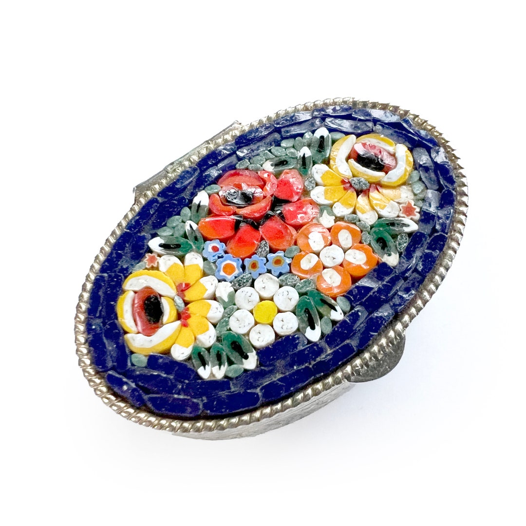 Italian Micro Mosaic Lidded Pill Box With Decorative Silver-tone Design ...