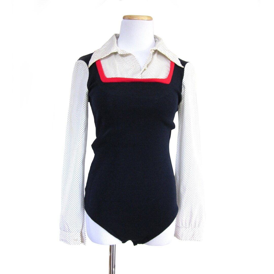 70s Knit Bodysuit Leotard With Contrasting Collar and Yoke, Navy Top ...