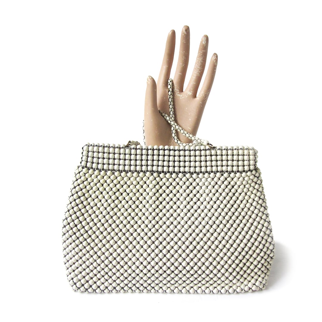 1960s Vintage Whiting and Davis Mesh Bag Purse, Ivory Enamel Metal Mesh ...