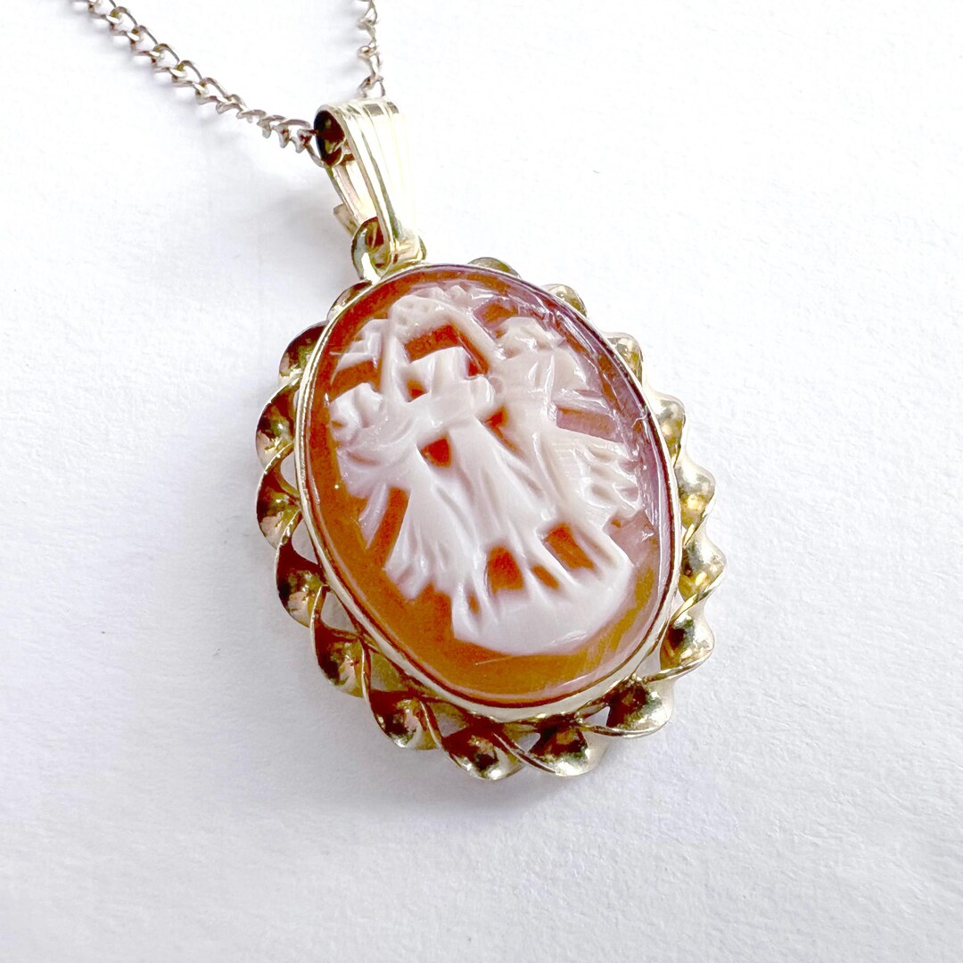 Vintage Real Shell Cameo Pendant and Earrings, Three Graces, 12k Gold ...