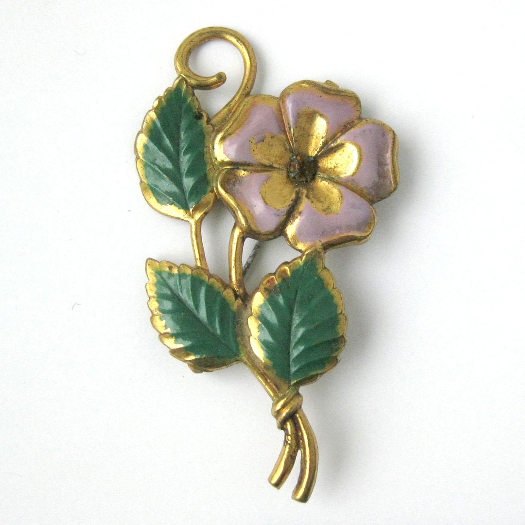 Vintage Floral Brooch, Pressed Metal Flower With Enamel and Rhinestone ...