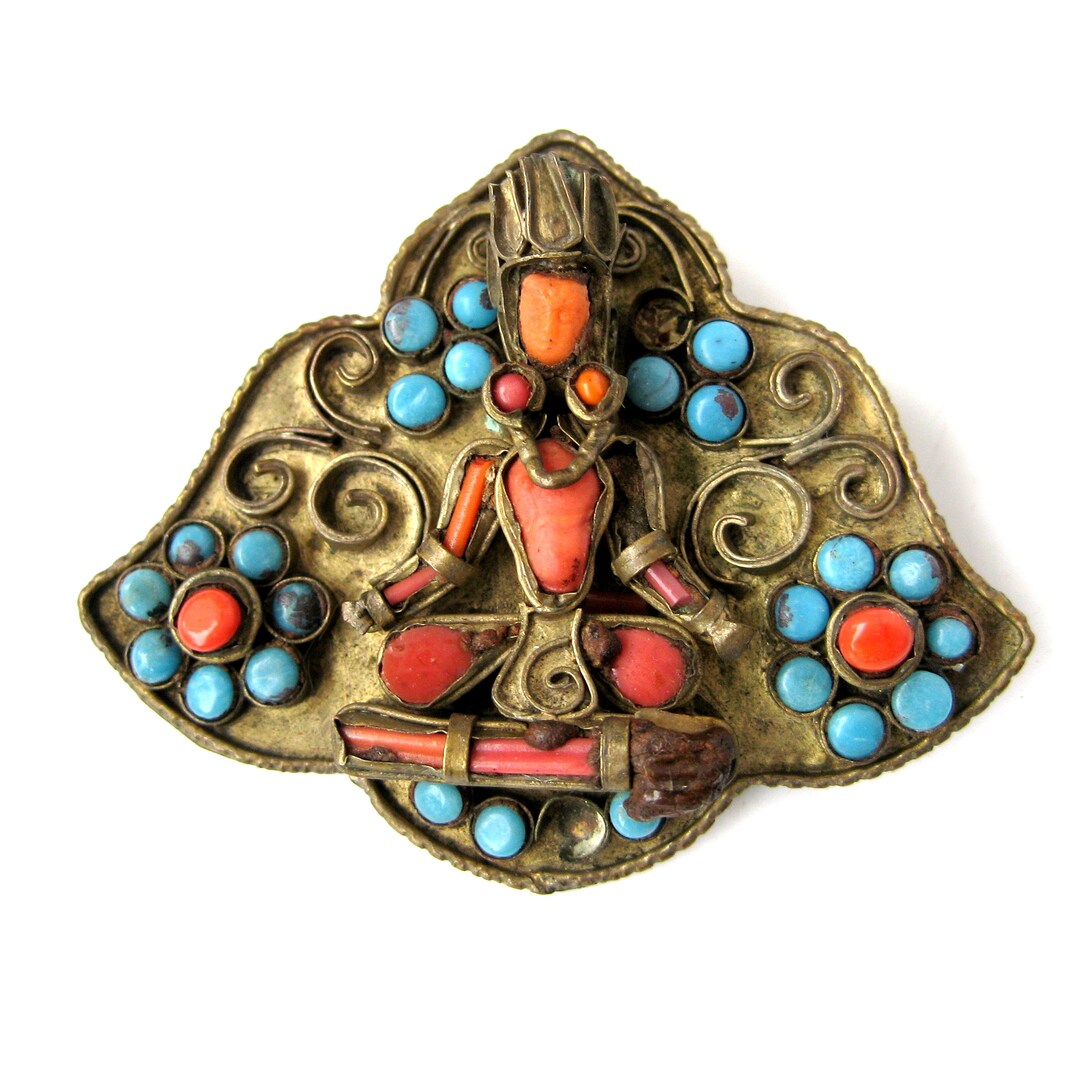 Vintage Brass Hindu God Brooch: Turquoise & Coral Shiva Parvati Pin - Etsy