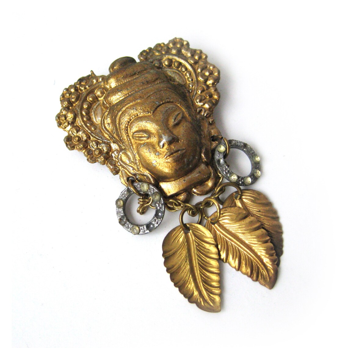 Asian Style Buddha Face Pin Gold Tone Brooch With Rhinestone | Etsy