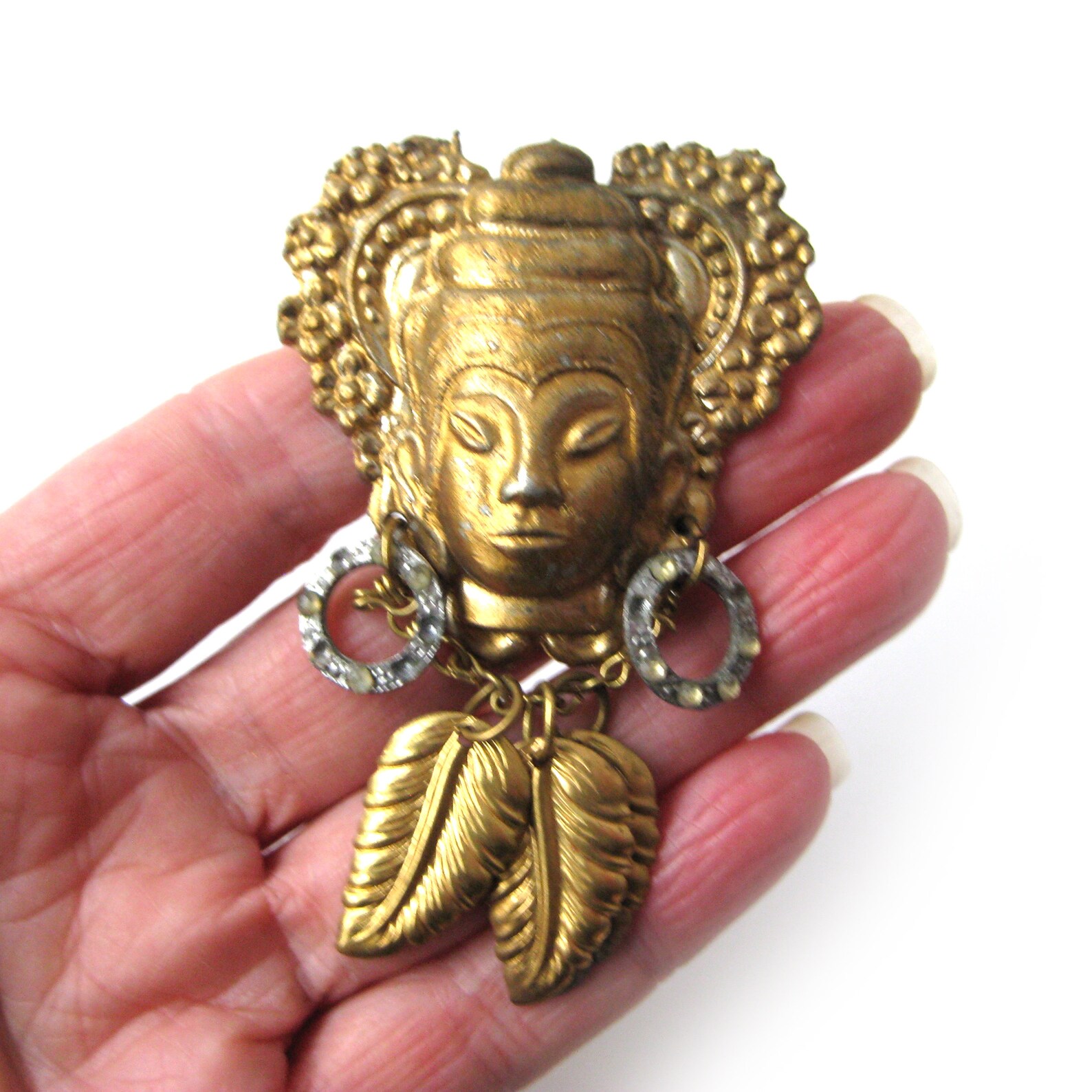 Asian Style Buddha Face Pin Gold Tone Brooch With Rhinestone | Etsy