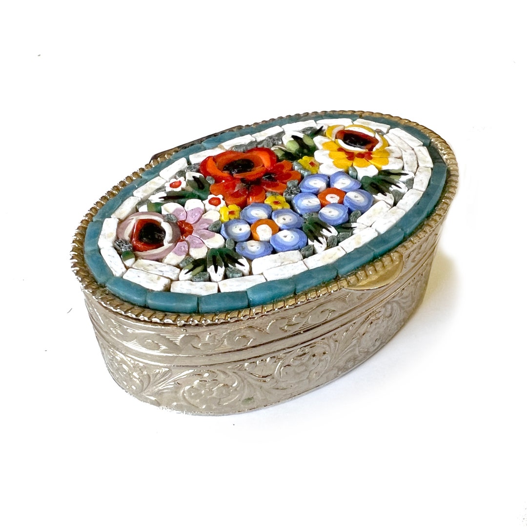 Italian Micro Mosaic Lidded Pill Box With Decorative Silver-tone Design ...