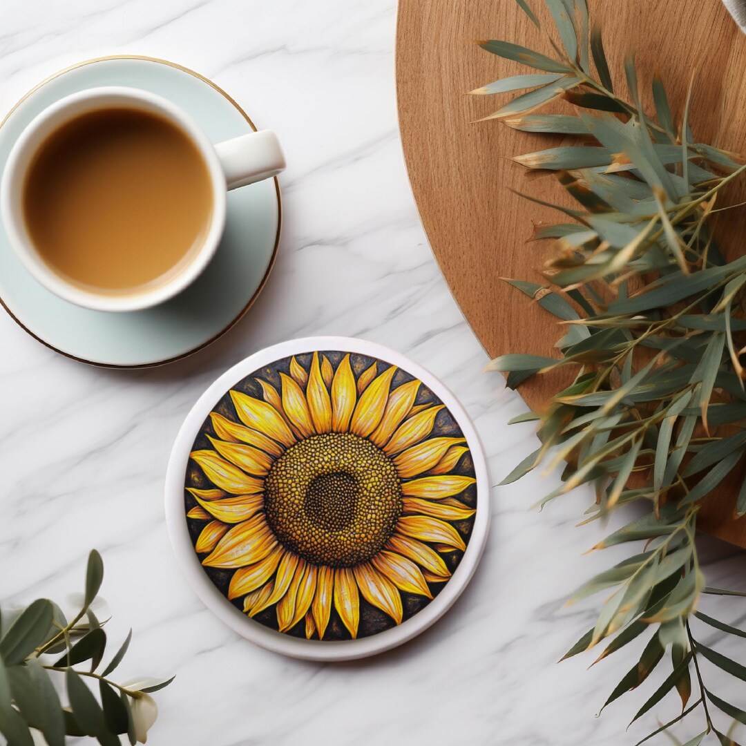 Sunflower Ceramic Coaster, Floral Design, Cork Bottom - Etsy