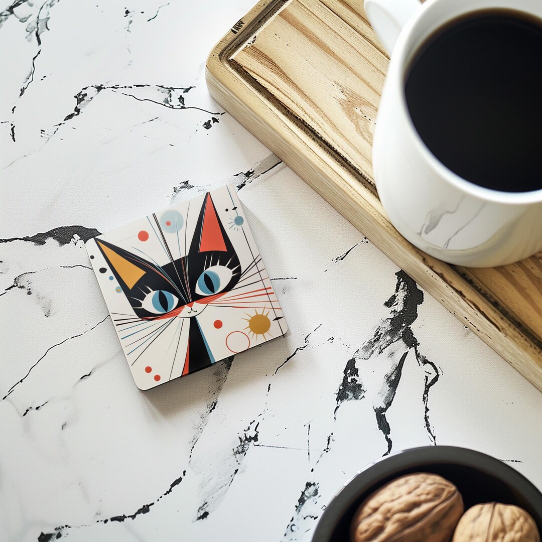 Atomic Cat Coaster Set, Mid Century Modern Drink Coasters, Cat Lover ...