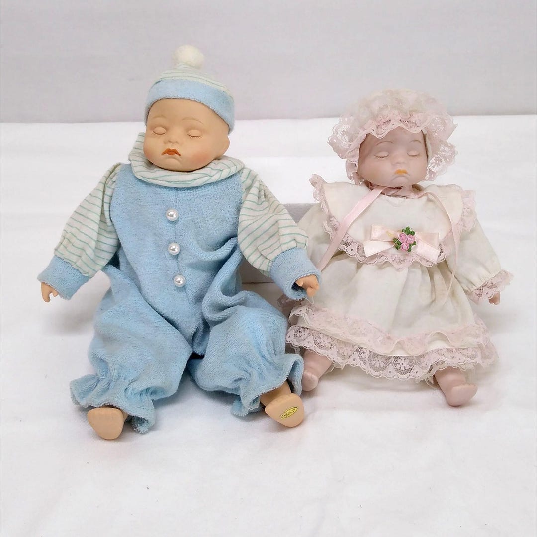Porcelain Sleeping Baby Dolls Removable Outfits Hats Marked Trademarks ...