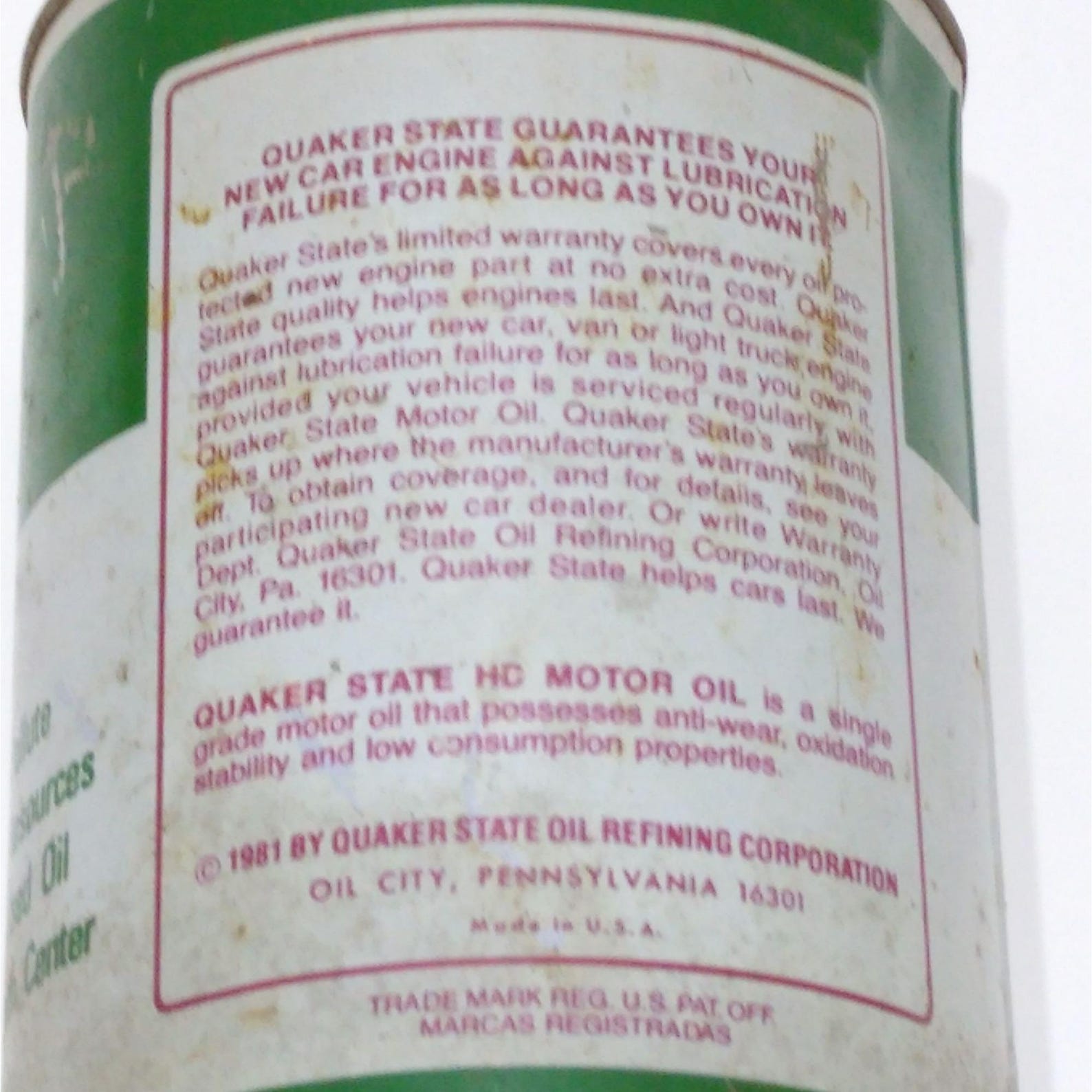 Quaker State Motor Oil SAE 1 U.S. Fl. Quart Mechanic Decor Memorability ...