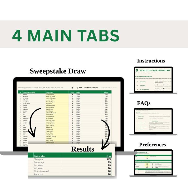 World Cup Football Sweepstake Spreadsheet— Customizable Prize Split, 8 ...