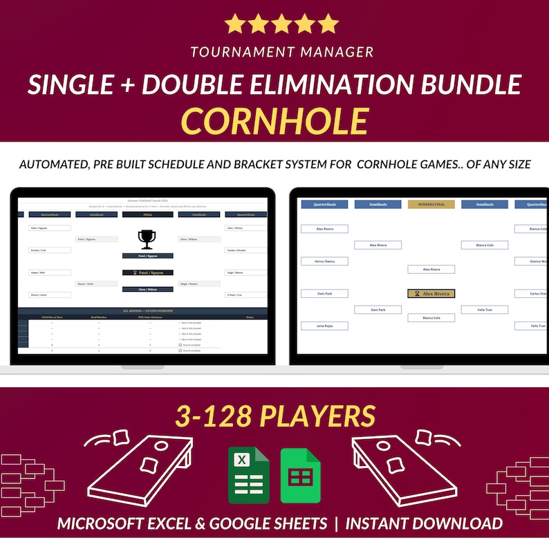 Cornhole Tournament Bracket Template | Single & Double Elimination ...