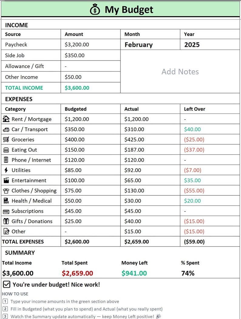 Beginner Budget Template: Light & Dark Themes for Excel and Sheets - Etsy