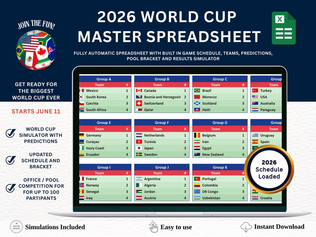 2026 World Cup Football Spreadsheet | Match Tracker, Office Pool ...