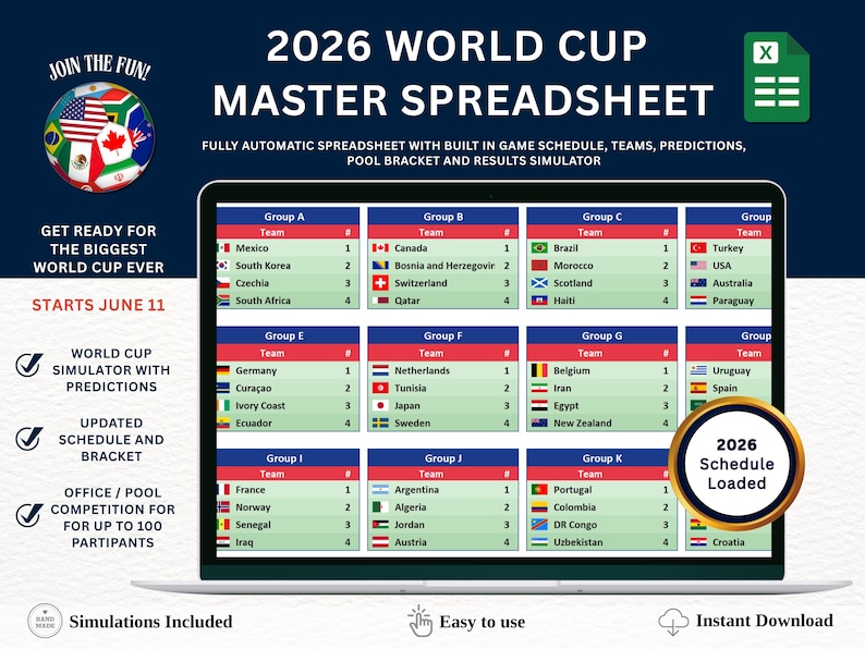 2026 World Cup Football Spreadsheet | Match Tracker, Office Pool ...