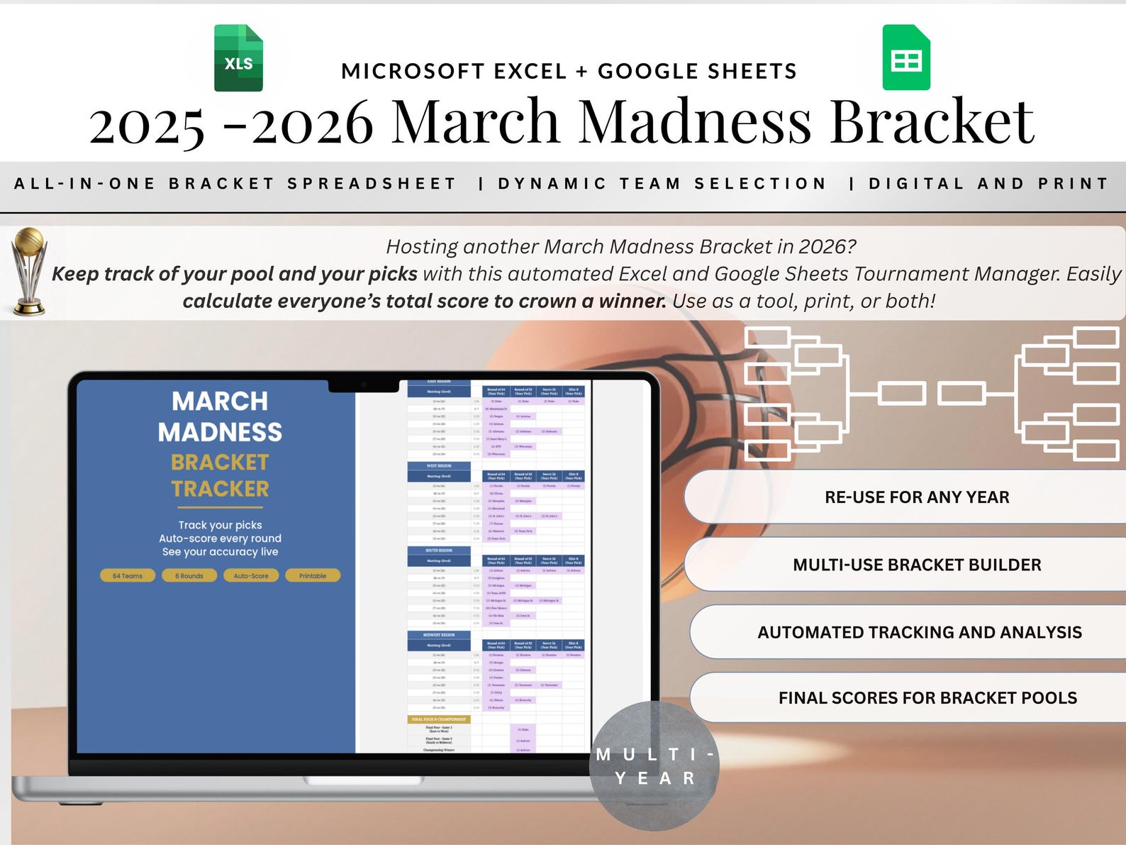March Madness Bracket Tracker | Auto-scoring Excel Template for NCAA ...