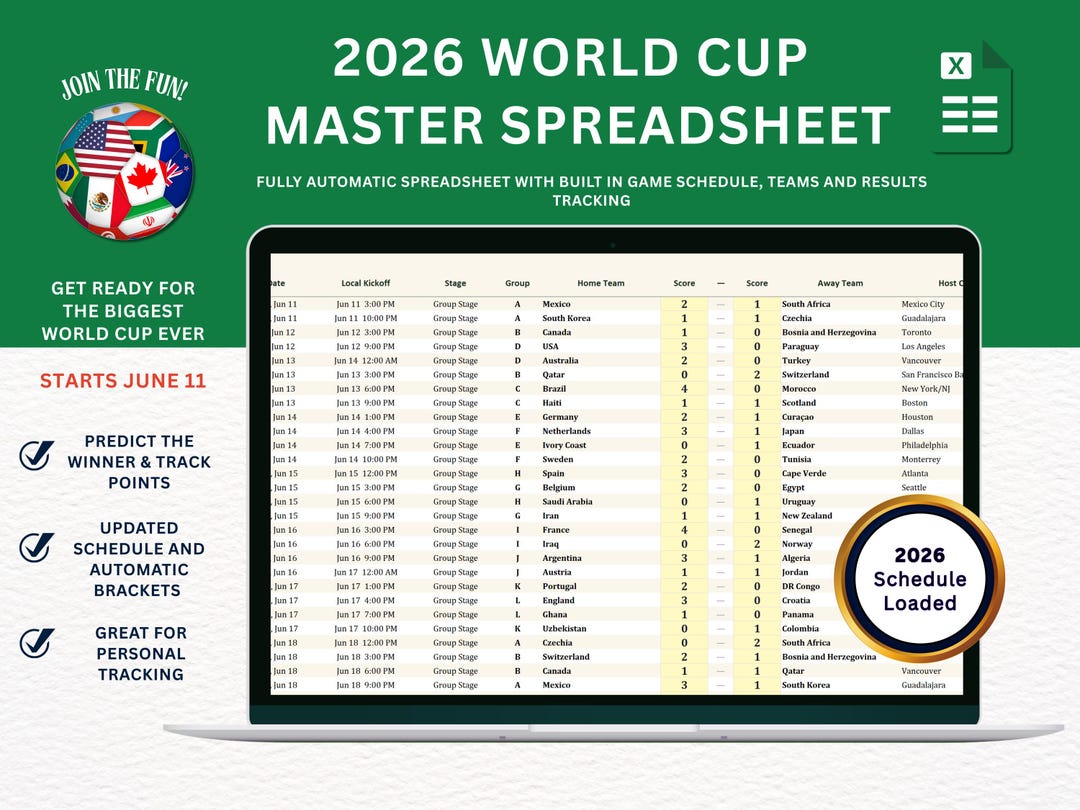 2026 World Cup Match Tracker Spreadsheet: Auto Bracket, Time Zone ...