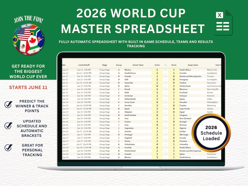 2026 World Cup Match Tracker Spreadsheet: Auto Bracket, Time Zone ...