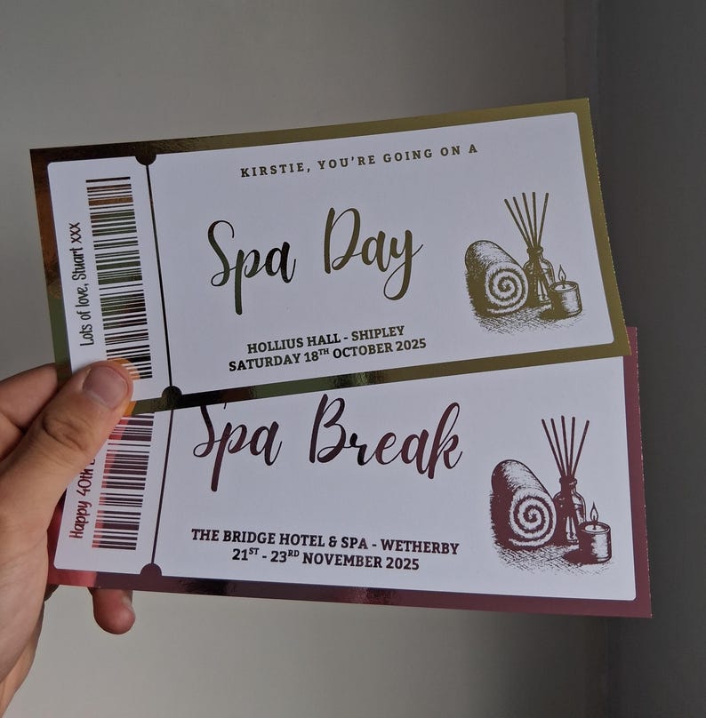 Personalised Foil Spa Day Gift Ticket: Spa Break Voucher Keepsake - Etsy UK