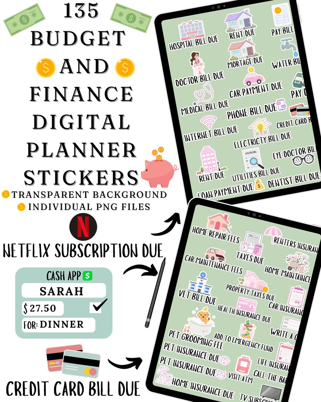 Digital Finance Planner Stickers | Budgeting PNG Stickers for iPad ...