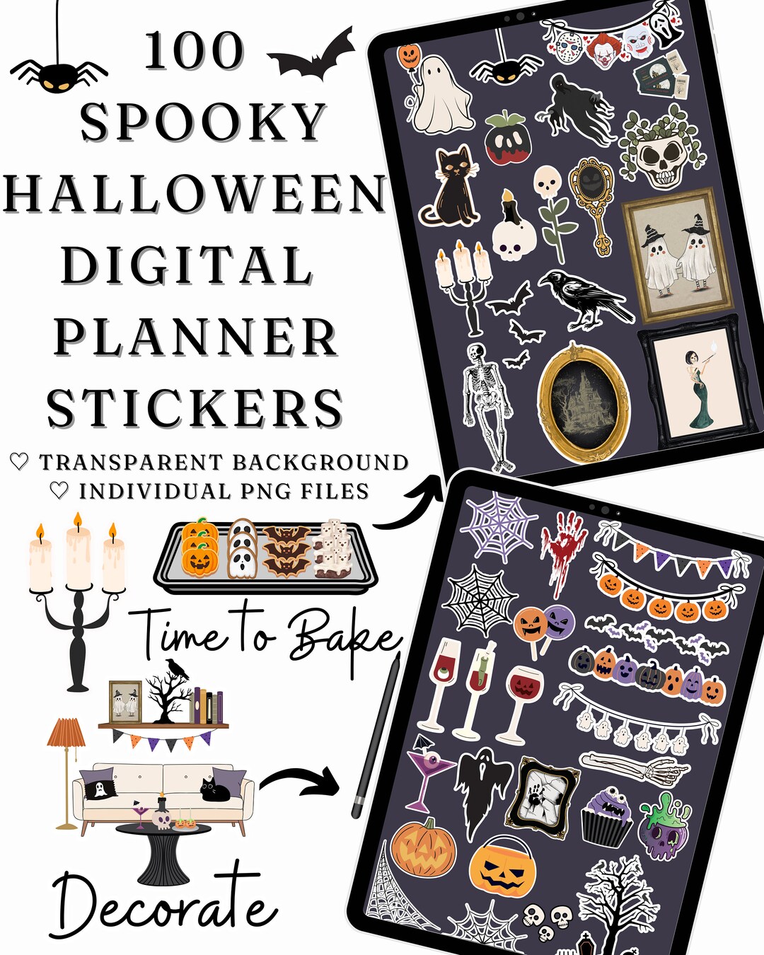 Spooky Halloween Digital Stickers for Planner, PNG Bundle, Digital ...