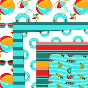 Lake Day - Fishing, Swimming, Camp Fire, 36 Digital Paper Pack, Sand ...