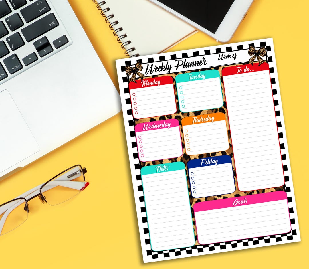 Bright Color Planner Printable | Full Page Weekly Layout | Black White ...