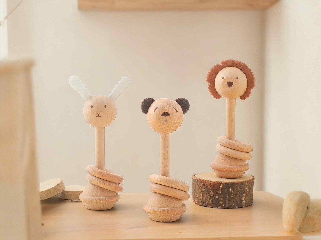 Wooden Baby Animal Rattles - Lion Rabbit Bear - Hand Shake Percussion ...