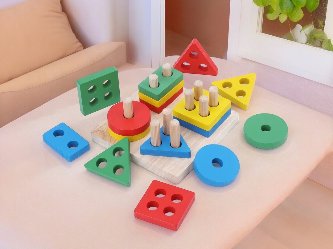 Kids Learning Game Building Blocks - Rainbow Wooden Geometric Shapes ...