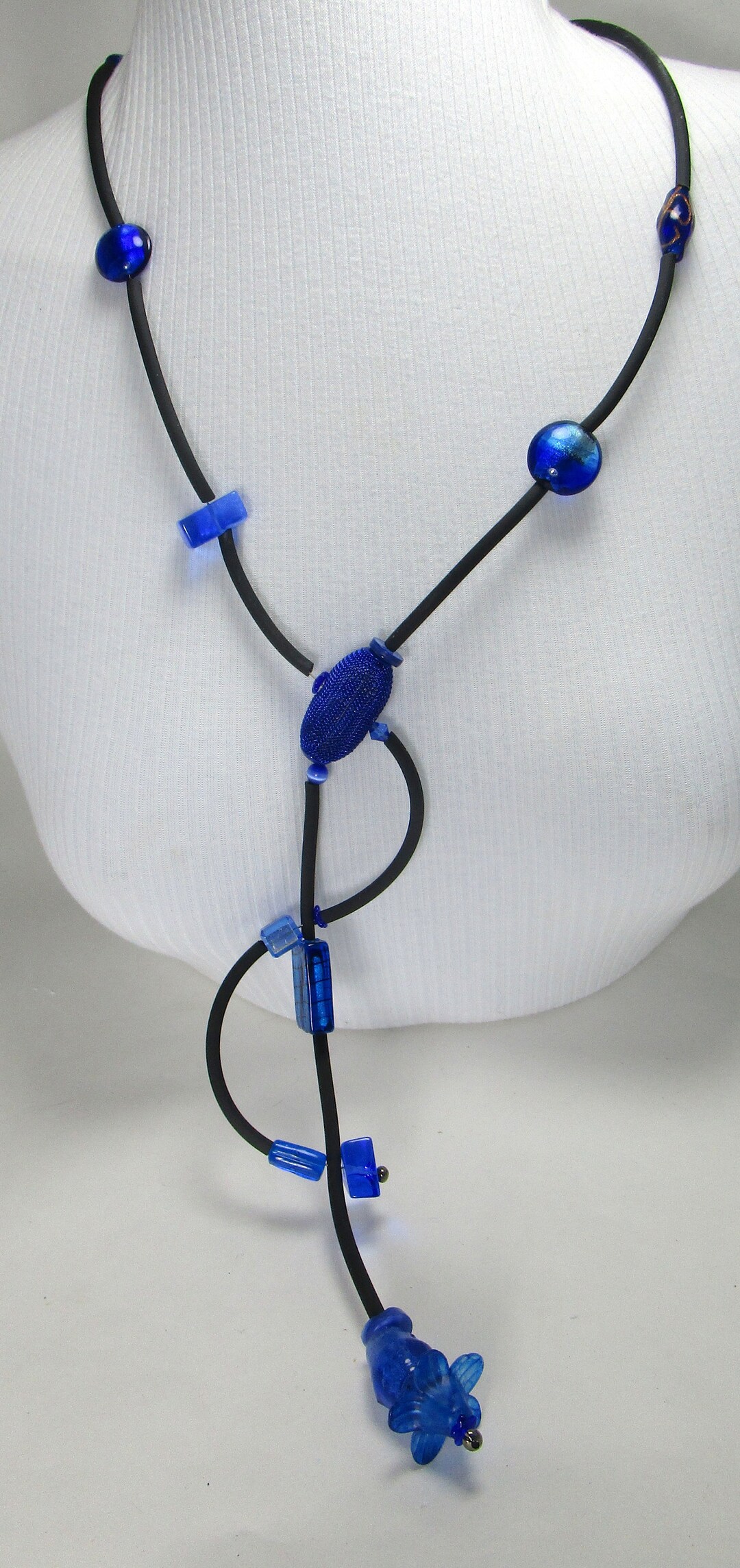 Zoe, Bright Royal Blue Glass, Black Rubber, Matinee Length, Back ...