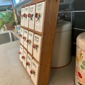 Vintage 12 Pc Spices With Wood Spice Rack With Cherry Pulls and Ceramic ...