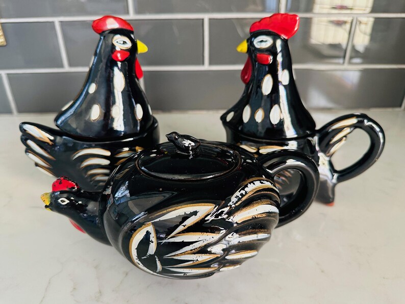 Vintage Chicken Tea Set Redware Chicken Teapot W Rooster Creamer, Sugar ...