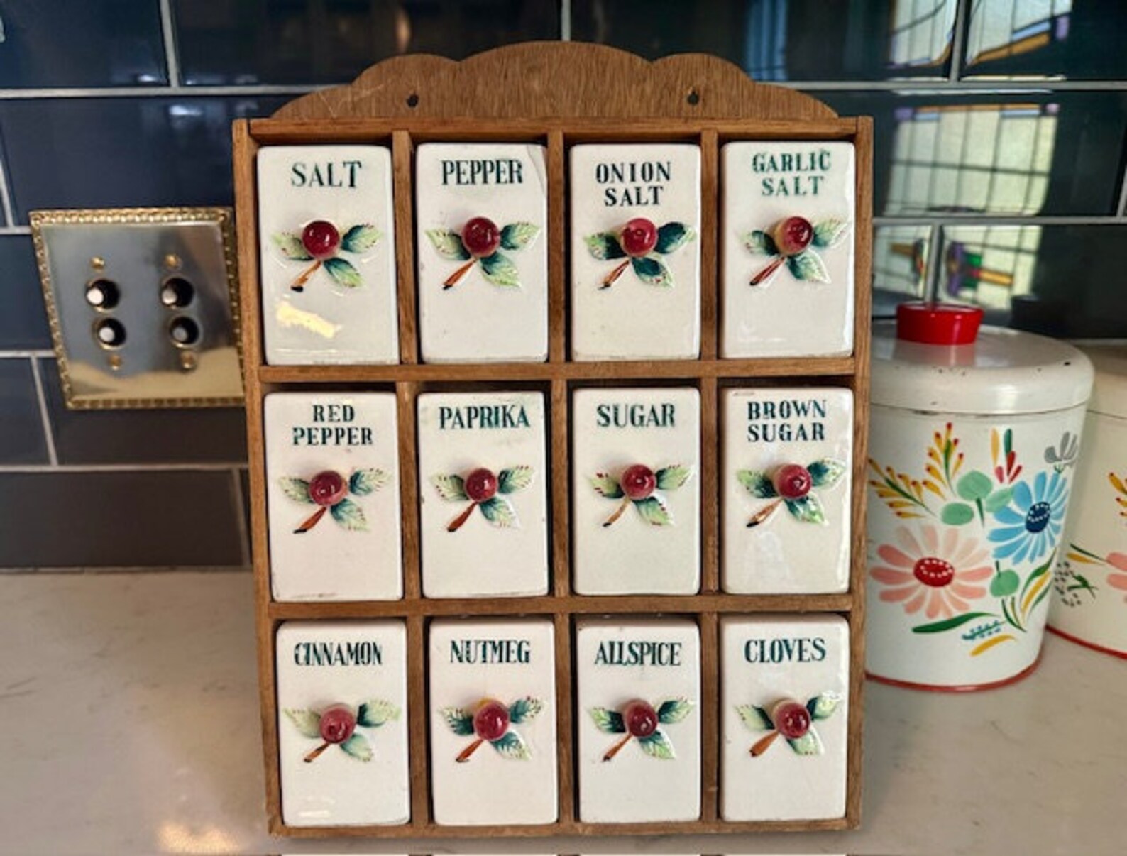 Vintage 12 Pc Spices With Wood Spice Rack With Cherry Pulls and Ceramic ...