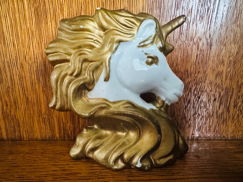 Vintage Unicorn Bust With Gold Paint Accents, White Ceramic Unicorn ...