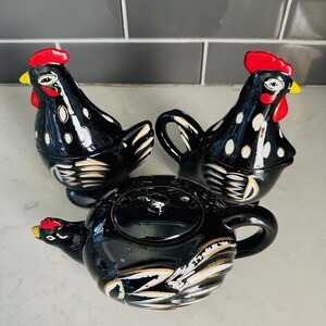 Vintage Chicken Tea Set Redware Chicken Teapot W Rooster Creamer, Sugar ...