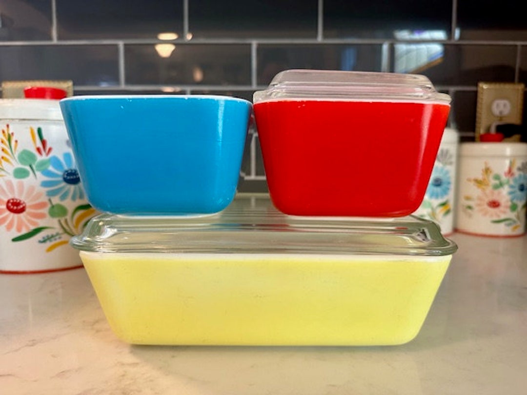Vintage Pyrex Refrigerator Set in Primary Colors blue, Red, Yellow, MCM ...