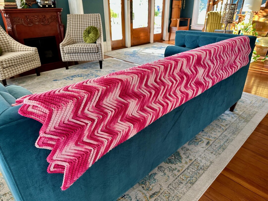 Vintage Chevron Crocheted Afghan Pink, VTG Handmade Chevron Striped ...