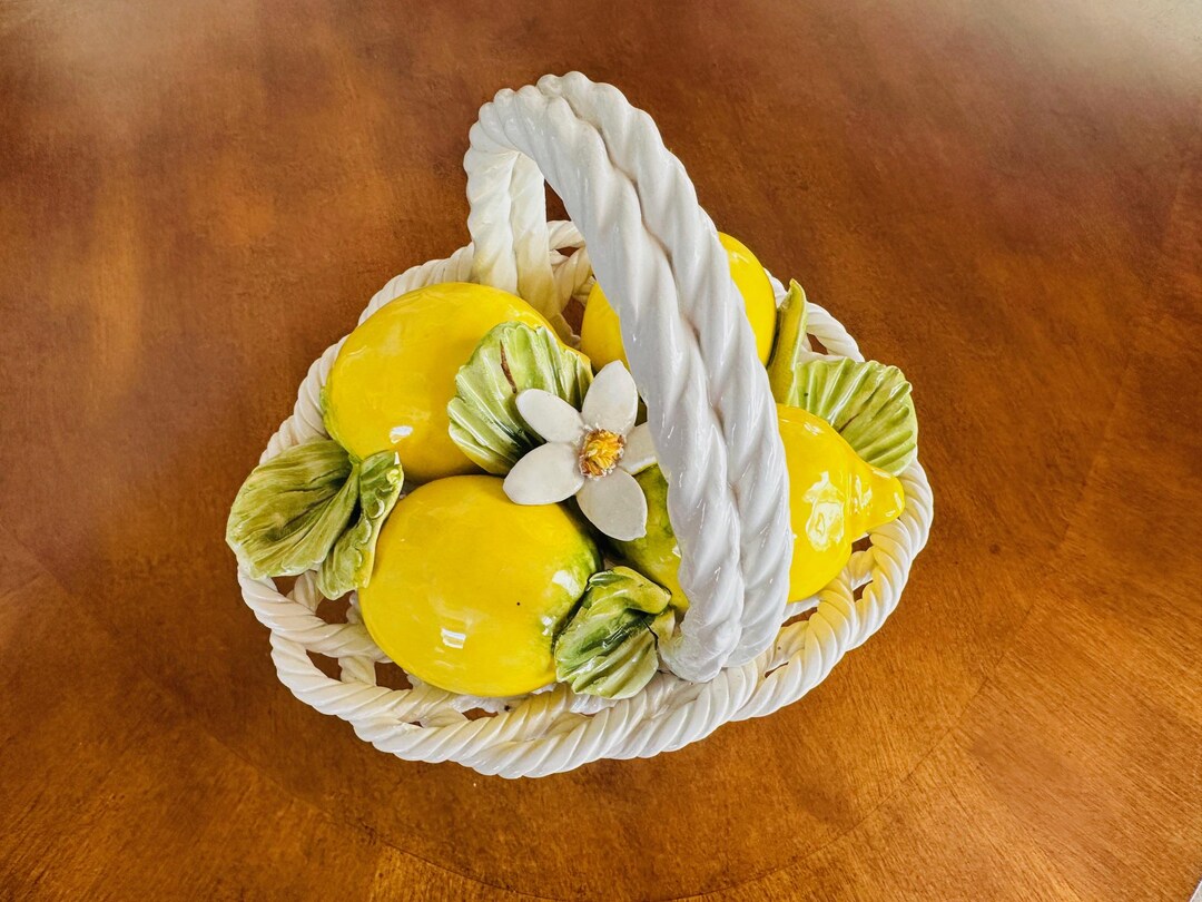 Vintage Basket of Lemons With White Flower, Made in Italy, Handpainted ...