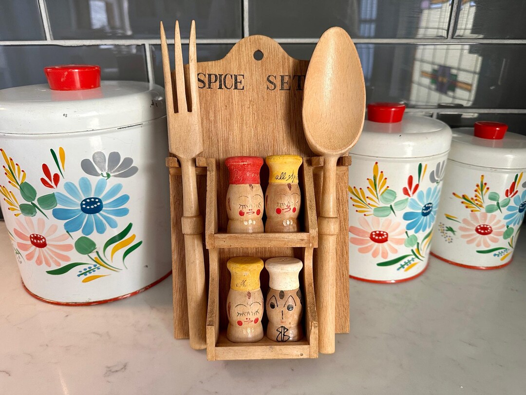 Vintage Wood Spice Set With 4 Chef Shakers, Fork, Spoon, Shelf, W/ Salt ...
